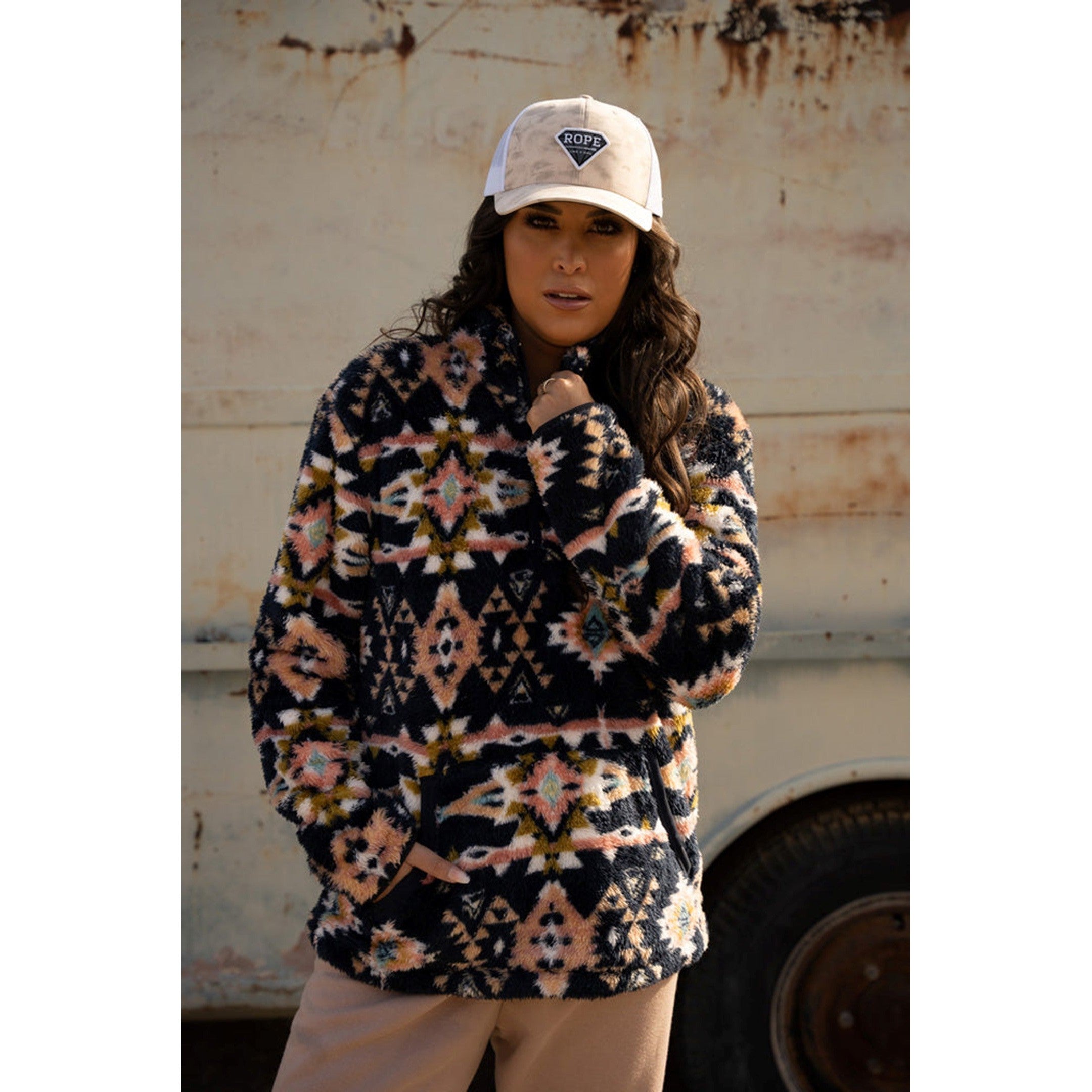 Hooey Women's Navy and Aztec Fleece Pullover – West 20 Saddle Co.