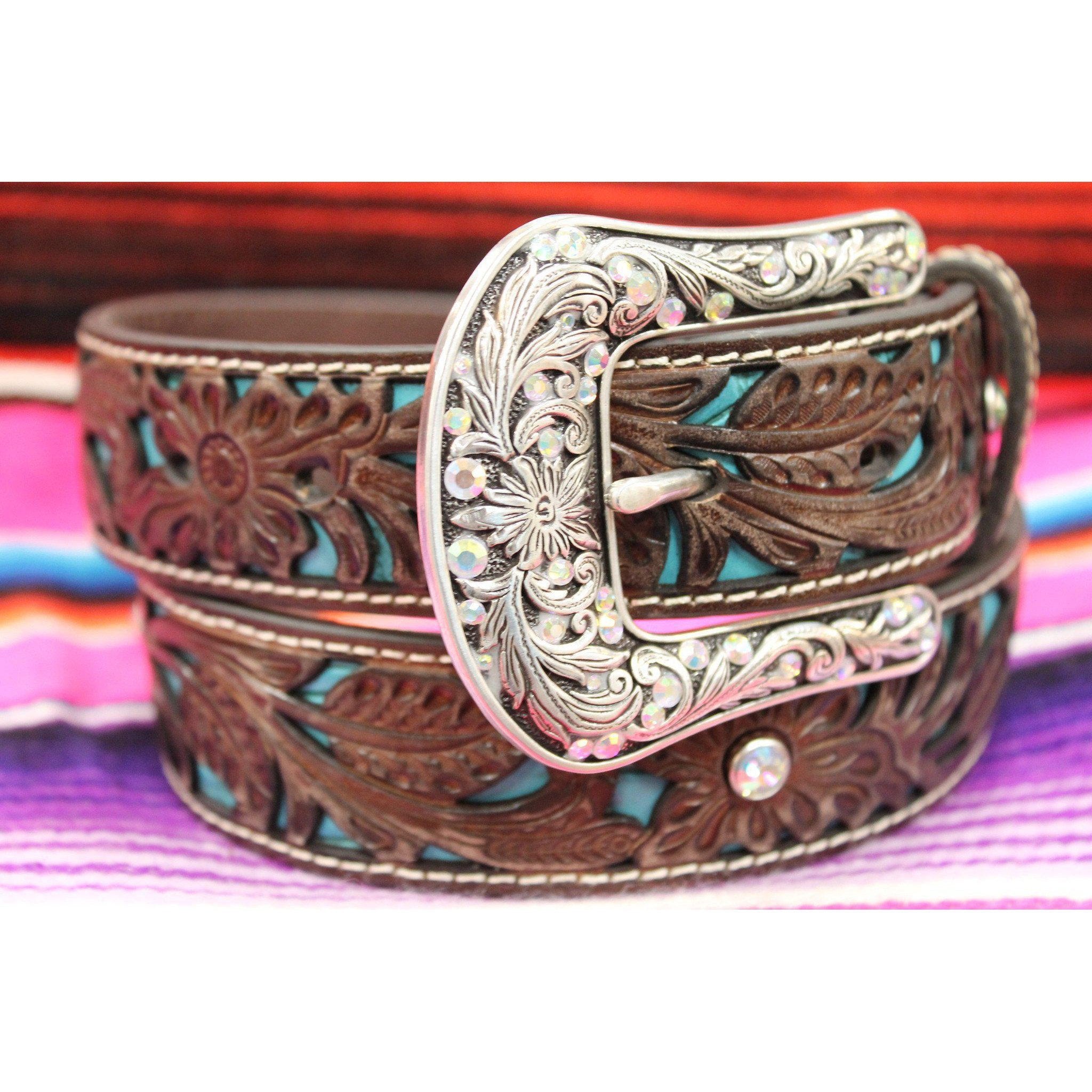 Ariat Women's Floral Embossed Belt with Rhinestone and Turquoise Inlay ...